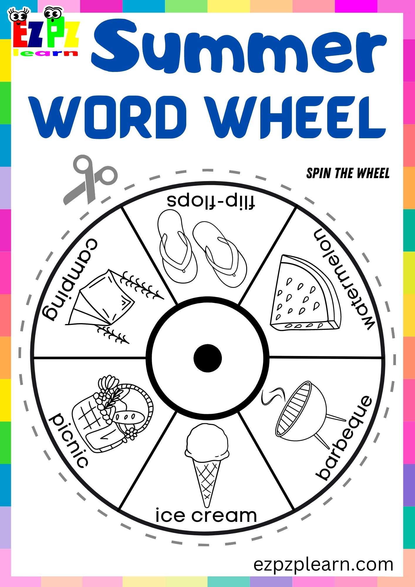 Summer and Beach Coloring Word Wheel No2 Free PDF Download - Ezpzlearn.com