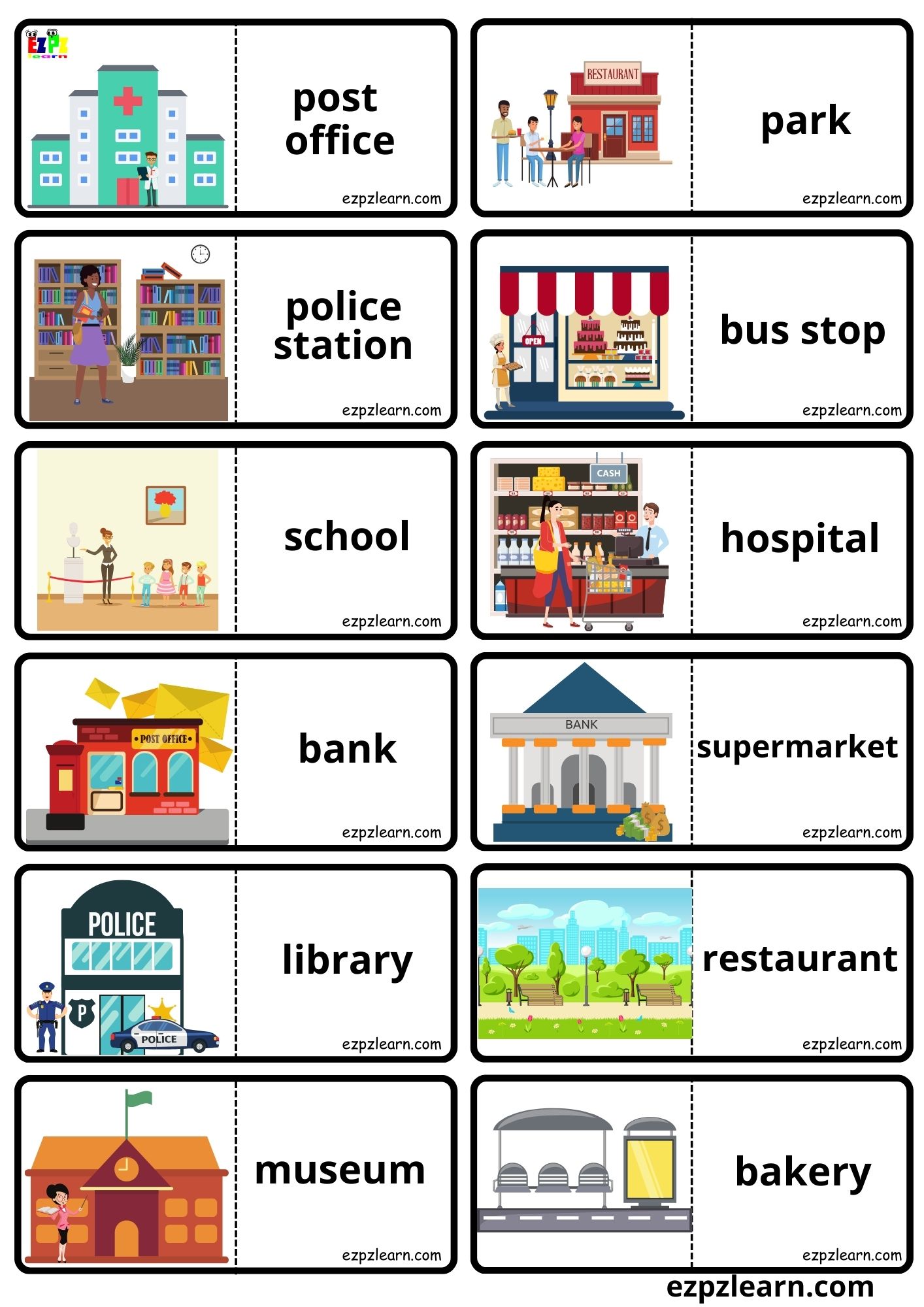 Places in Town and City Vocabulary Dominoes Matching Game for Kids and ...