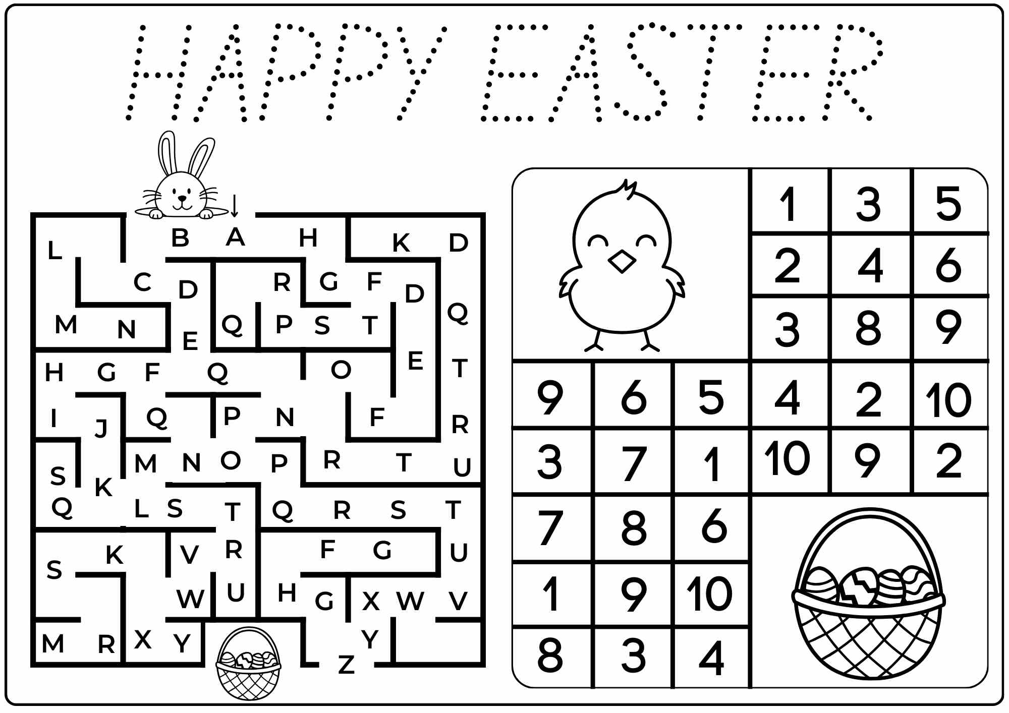 Easter Bunny Maze Activity Page – Follow the Alphabet & Numbers 1 to 10 ...