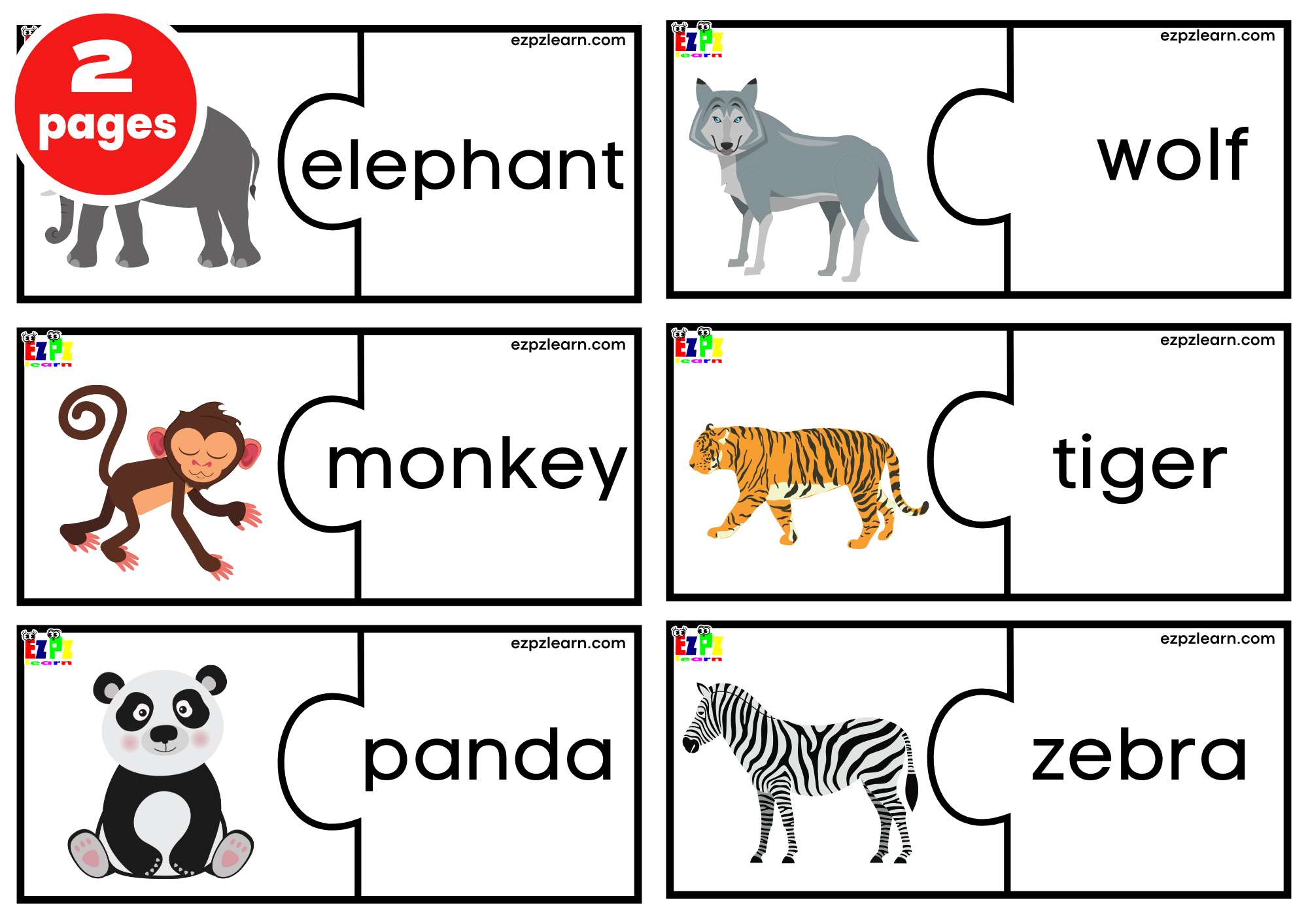 Wild Animals Puzzle Match Game. Large Size 6 Words per page. Free PDF ...