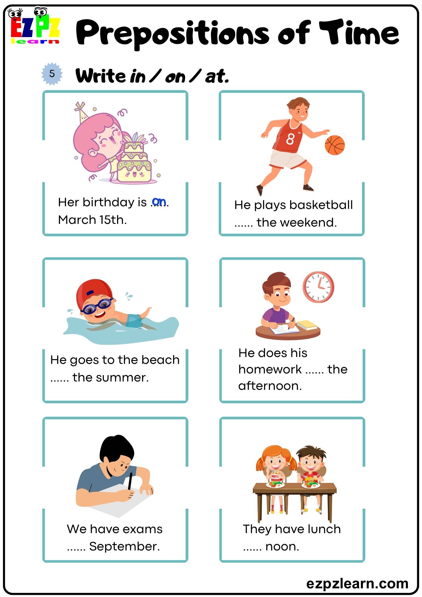 Prepositions of Time Grammar Exercise Look at the Image and Fill in the ...