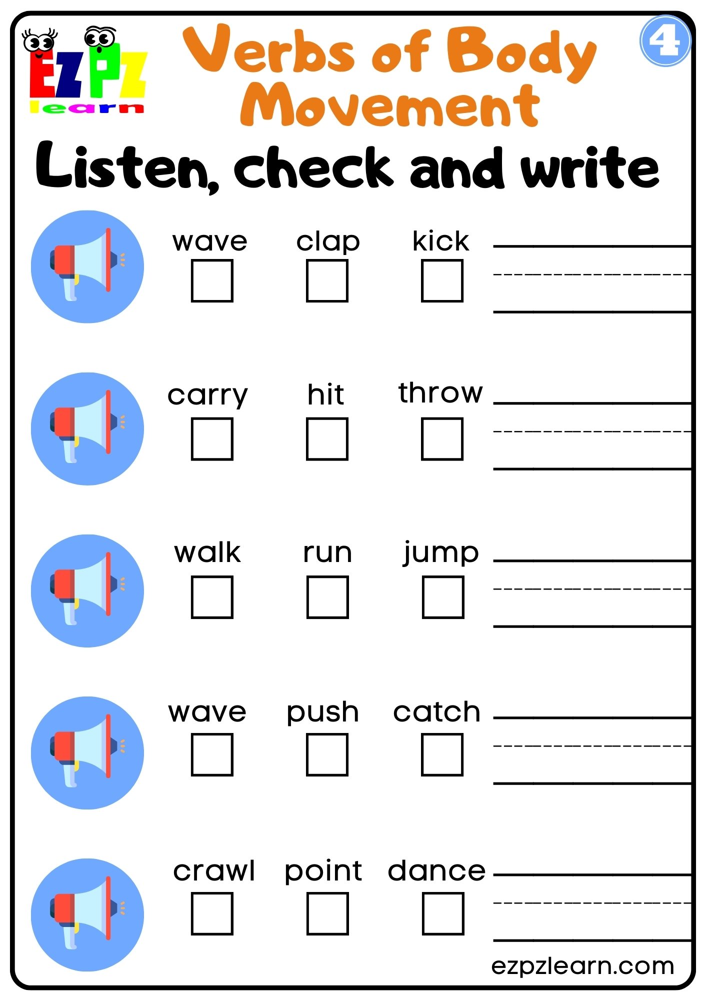 Verbs of Body Movement Interactive Vocabulary Worksheet Listen, Check ...