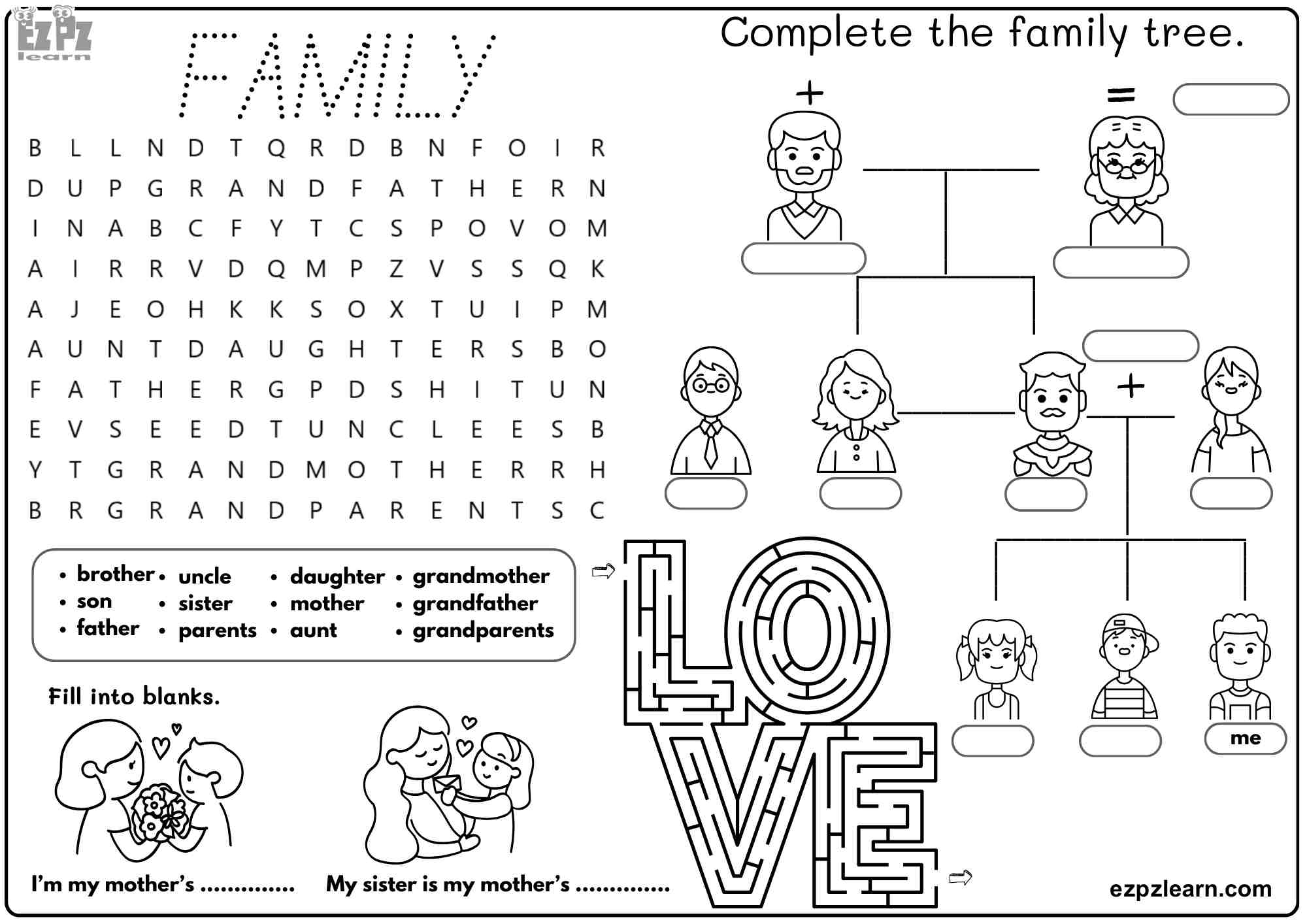 Family Vocabulary For Kids. Includes: Word Search, Maze and Writing ...