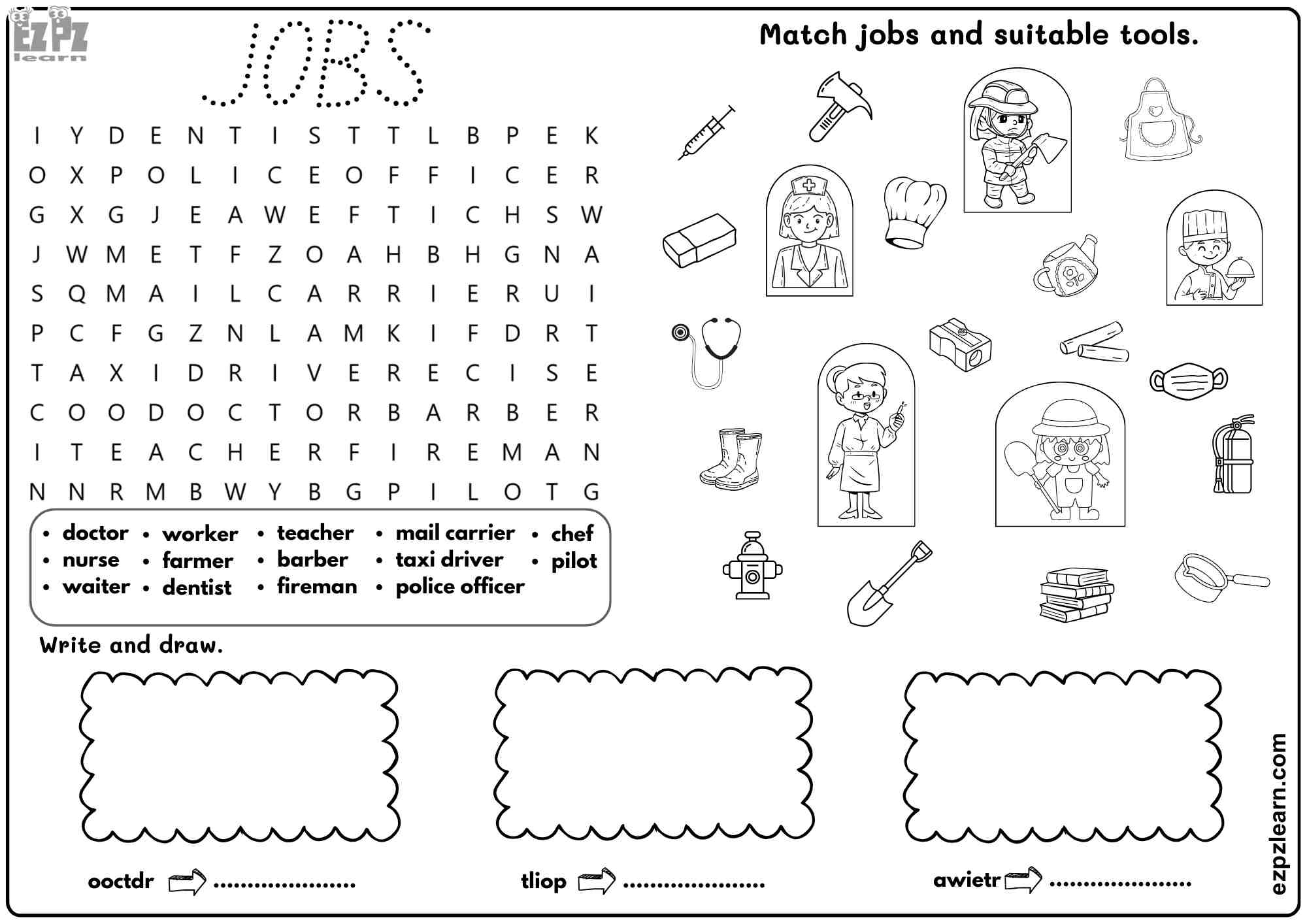 Jobs and Professions Vocabulary For Kids. Includes: Word Search ...