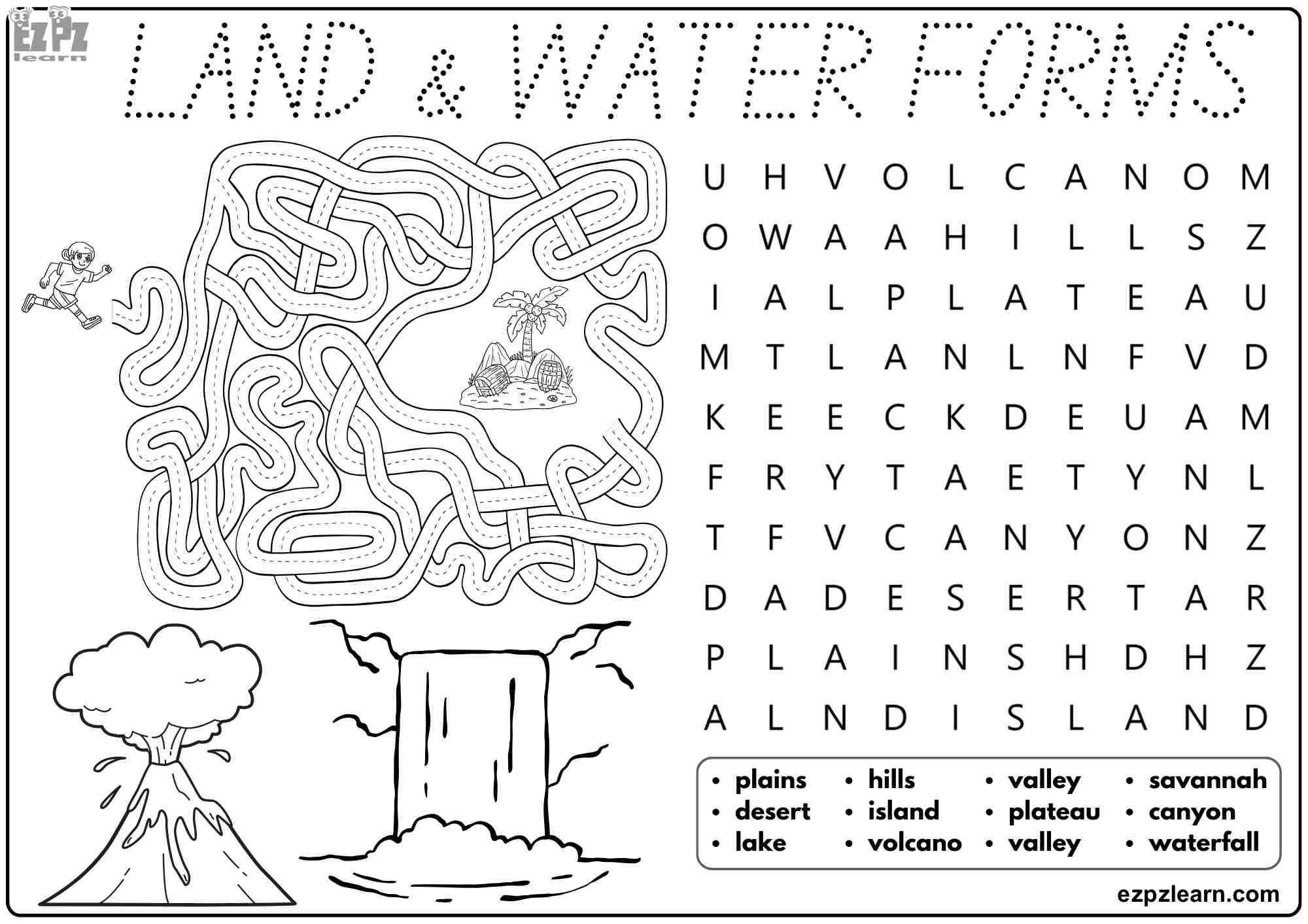 Land and Water Forms Vocabulary For Kids. Includes: Word Search ...