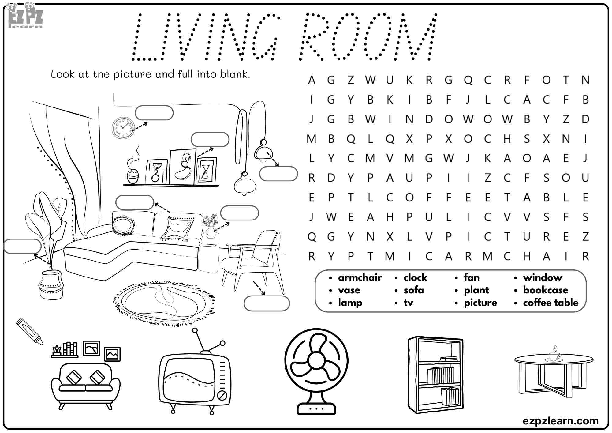 Living Room Vocabulary For Kids. Includes: Word Search, Coloring, and ...