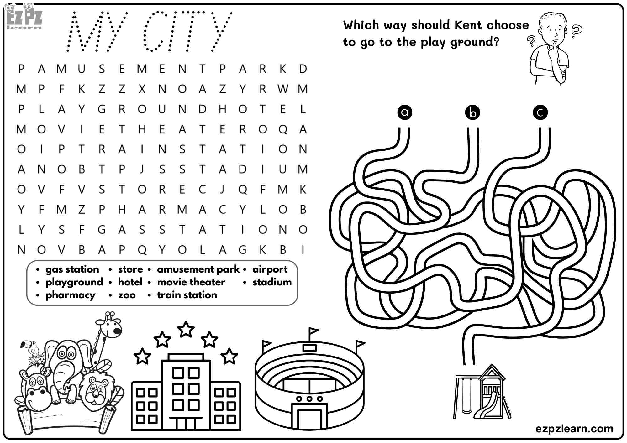My City Vocabulary For Kids. Includes: Word Search, Coloring and Maze ...