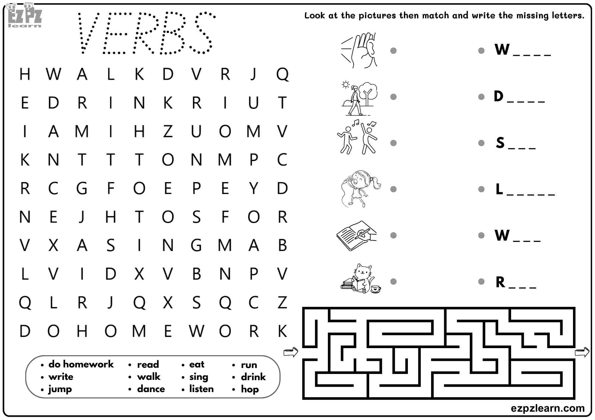 Verbs Vocabulary For Kids. Includes: Word Search, Matching, and Maze ...