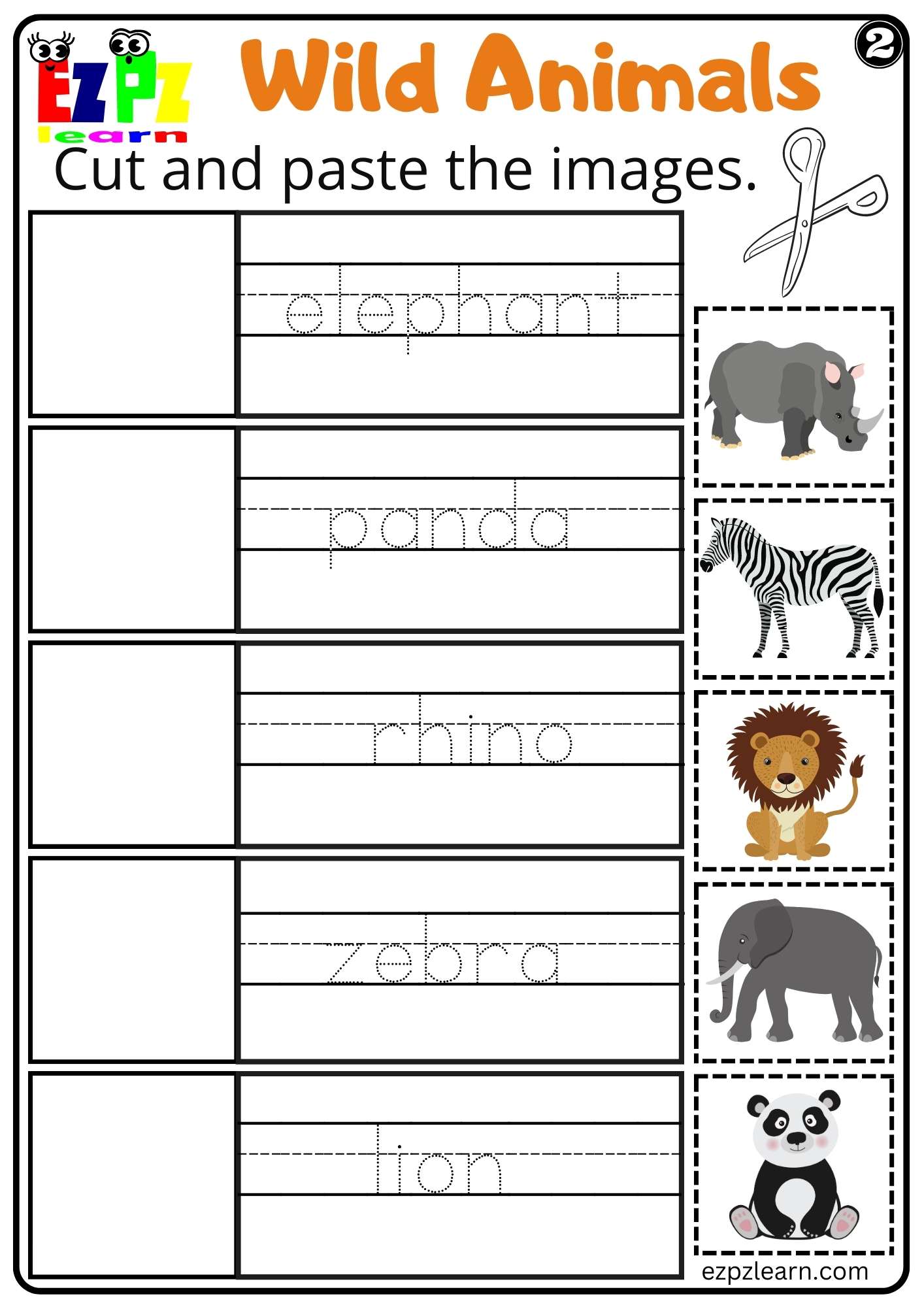 Wild Animals Cut and Paste Set 2 Worksheet For kids and ESL PDF ...