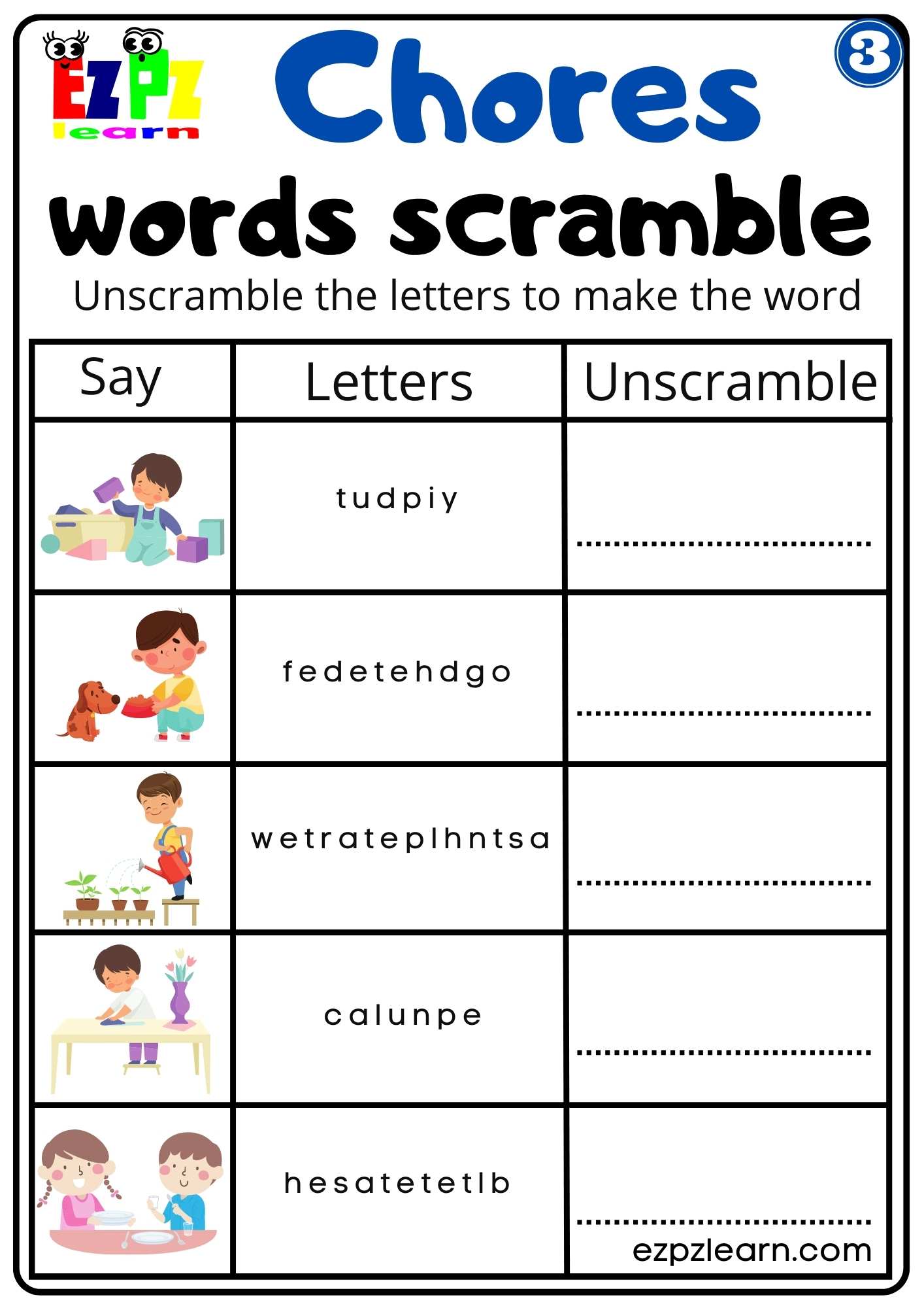 Word Scramble Worksheet Household Chores Vocabulary For ESL and K5 ...