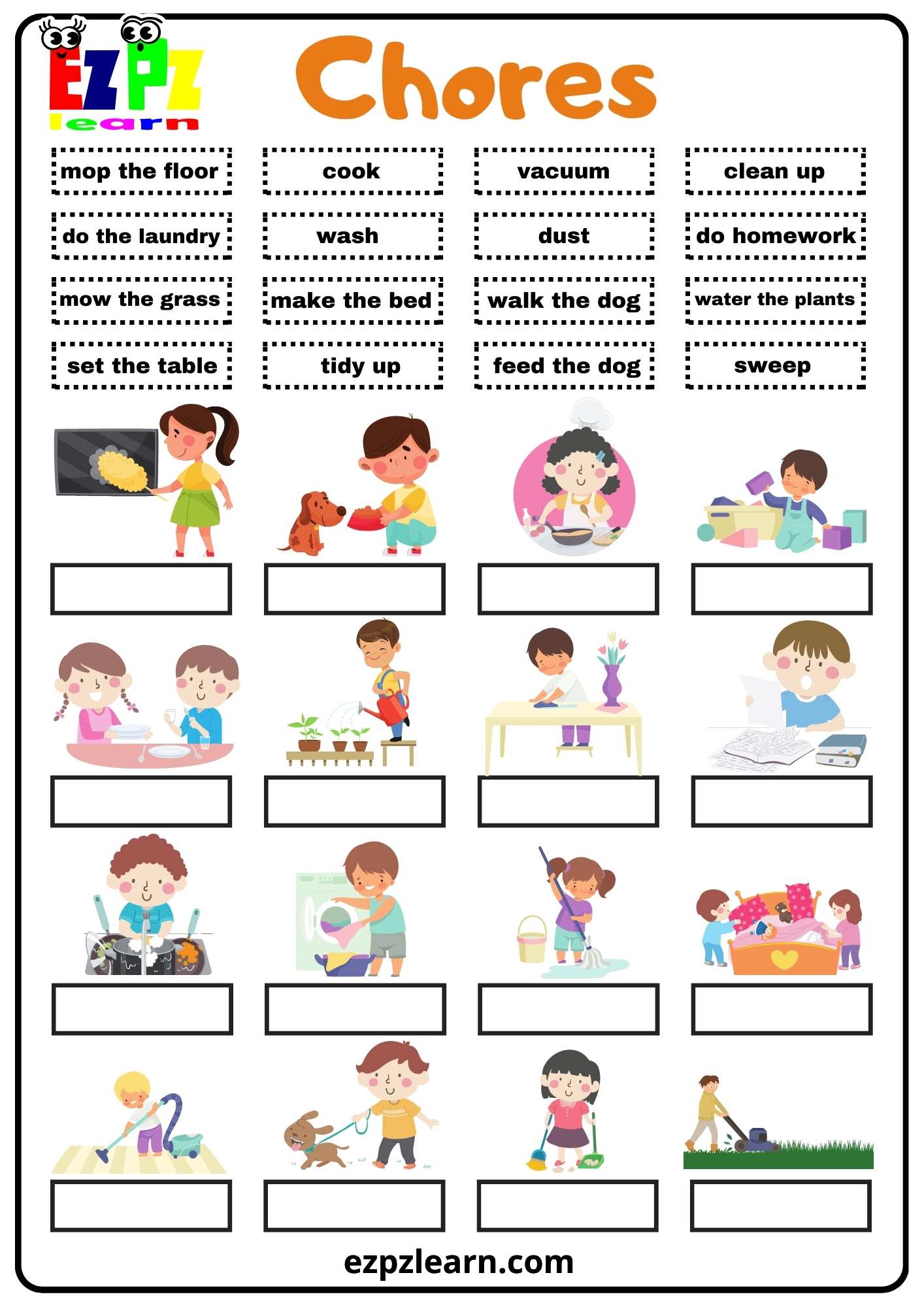 Chores Match the Words Worksheet. Free Free PDF Download - Ezpzlearn.com