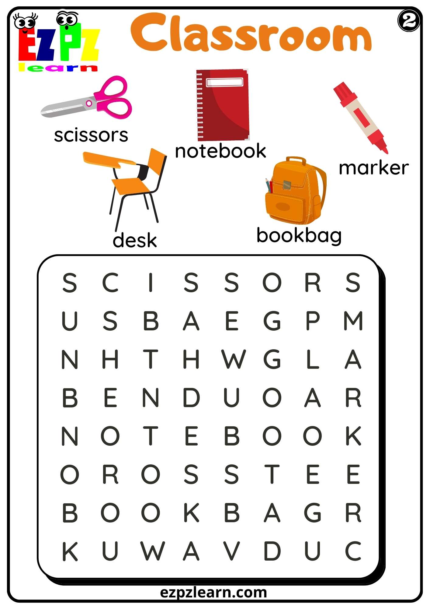 Classroom Word Search Worksheet Set 2 For Kids - Ezpzlearn.com
