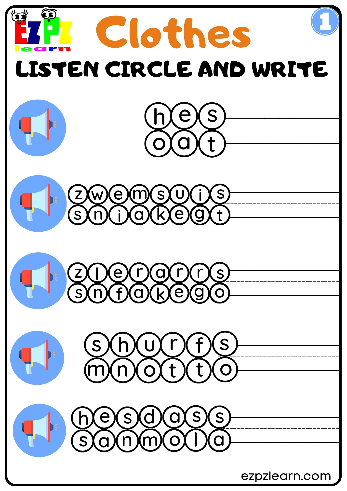Interactive Clothes Worksheet Listen, Circle and Write the Correct ...