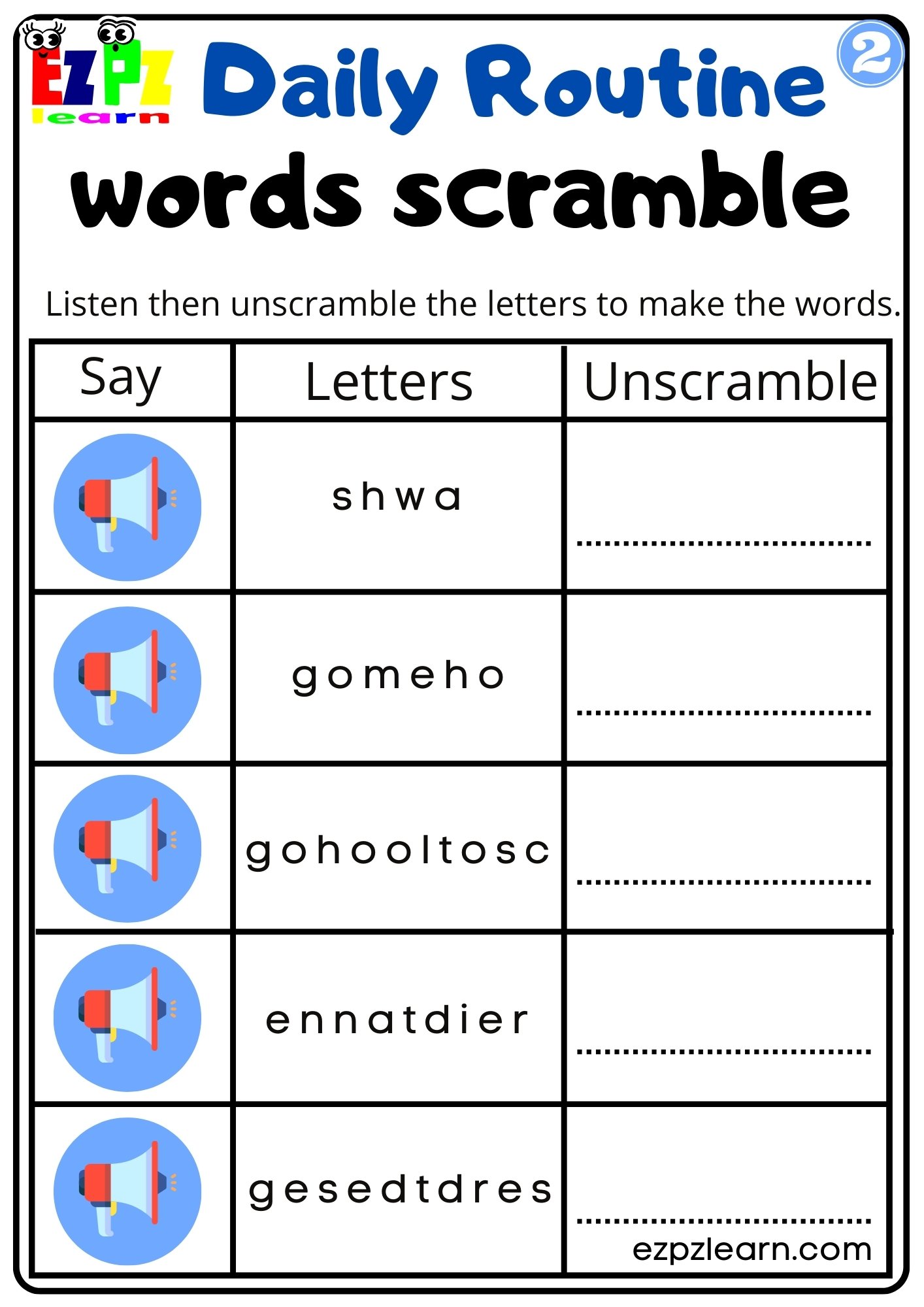 Interactive Daily Routine Vocabulary Worksheet Listen, Unscramble and ...