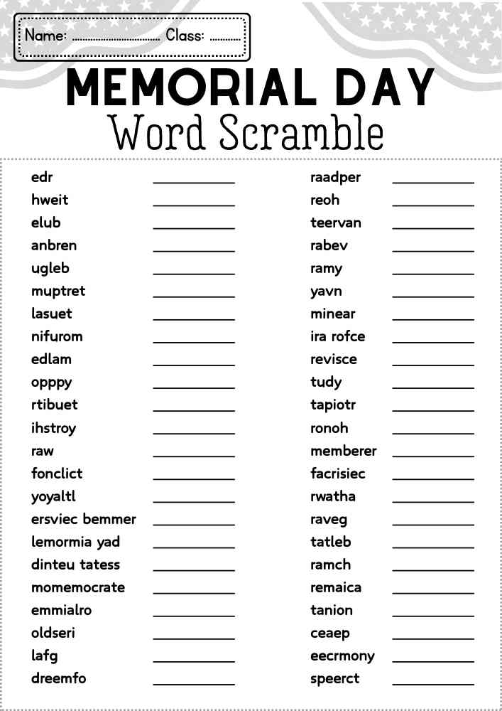 Memorial Day Word Scramble – 46 Patriotic Words Printable Activity ...
