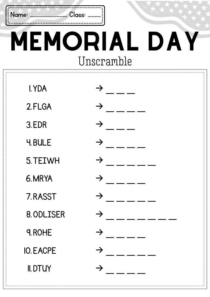 Memorial Day Word Scramble 11 Words - Ezpzlearn.com