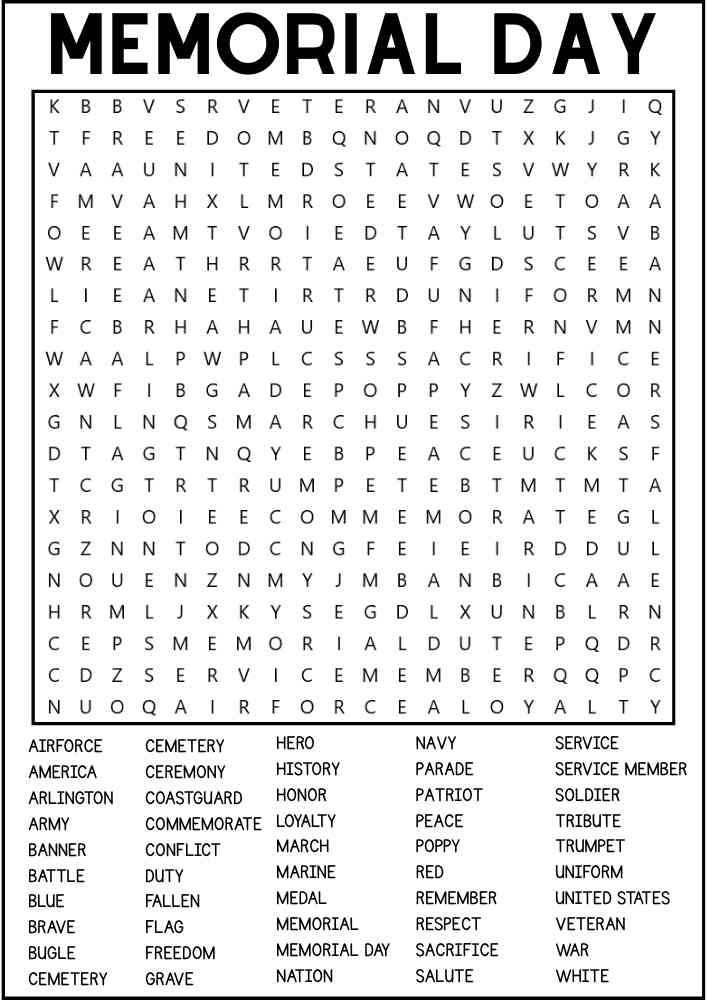 Memorial Day Word Search – 50 Word Patriotic Puzzle Printable ...