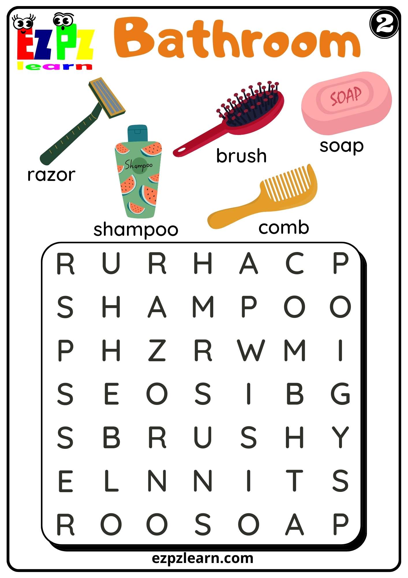 Bathroom Word Search Worksheet for ESL and K5 Kids PDF Download Set 2 ...