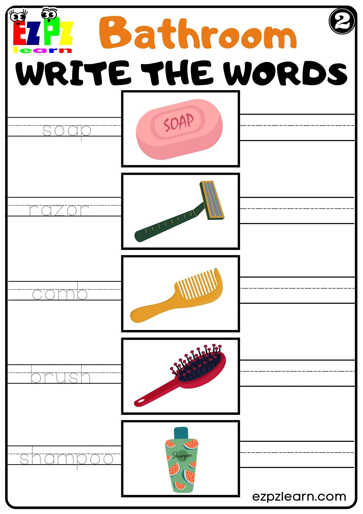 Bathroom Write the Words Worksheet for ESL and K5 Kids PDF Download Set ...