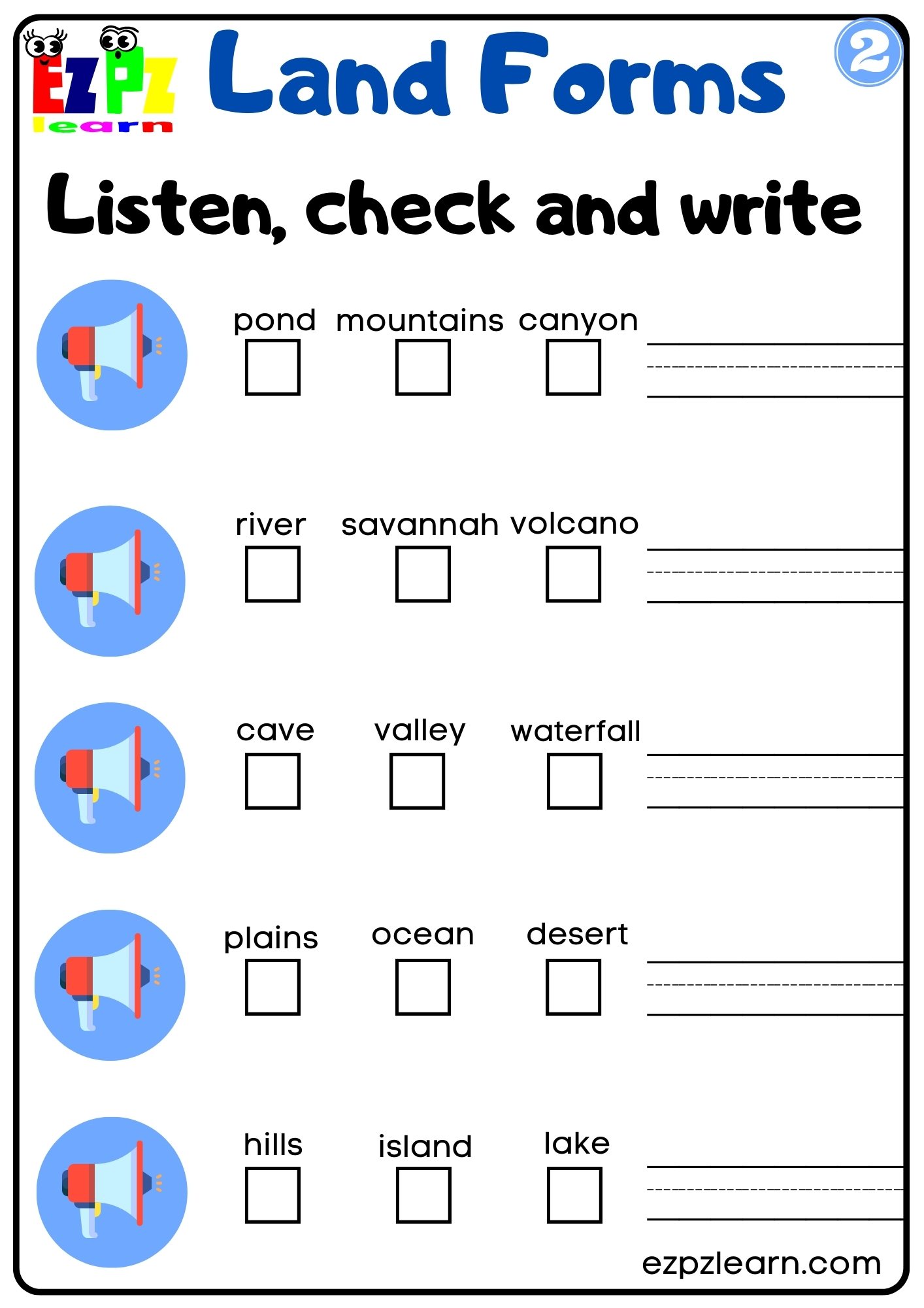 Land Forms Vocabulary Interactive Worksheet Listen, Check and Write the ...
