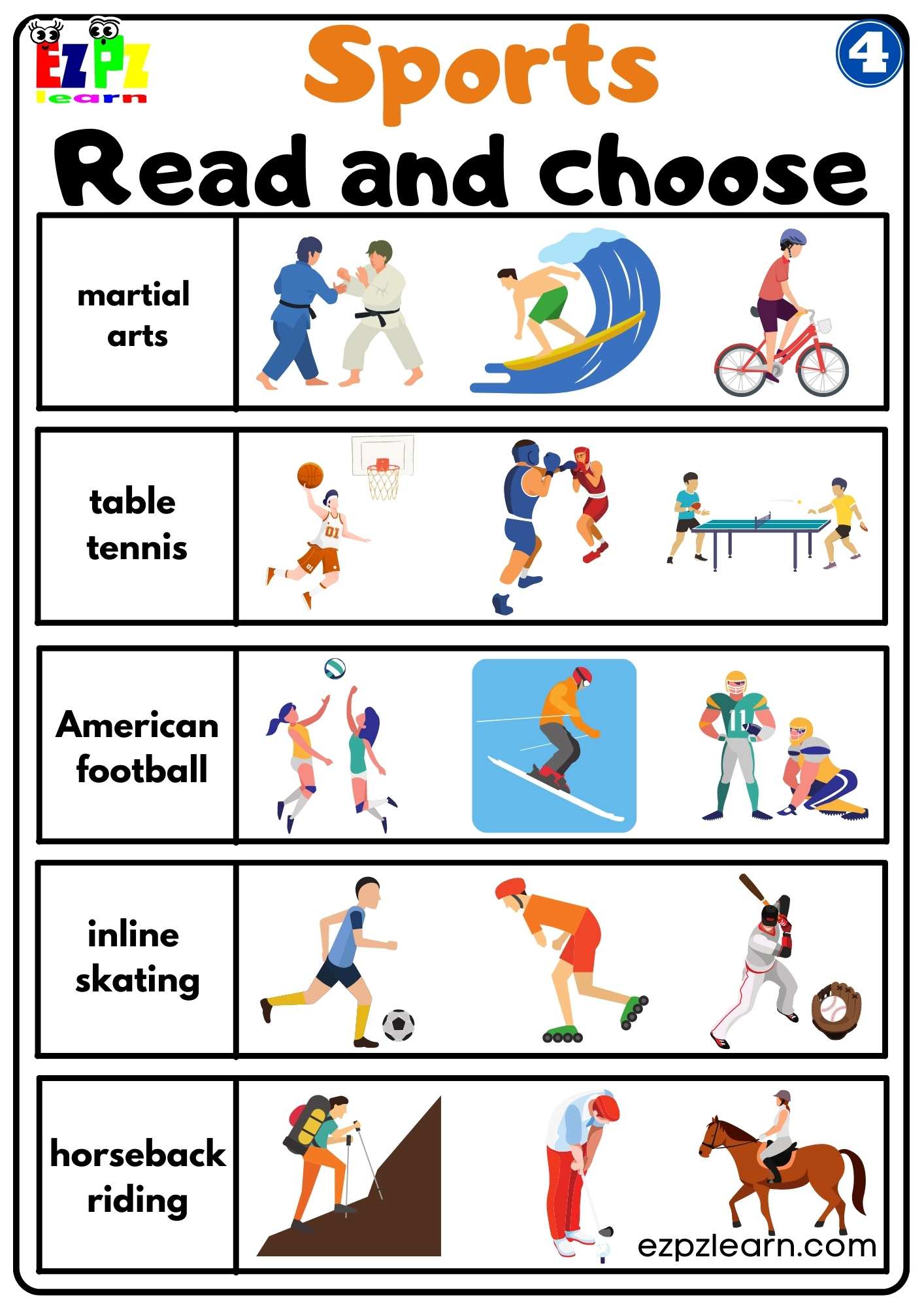 Group 4 Sports Read and Choose Worksheet for K5 and ESL Students PDF ...