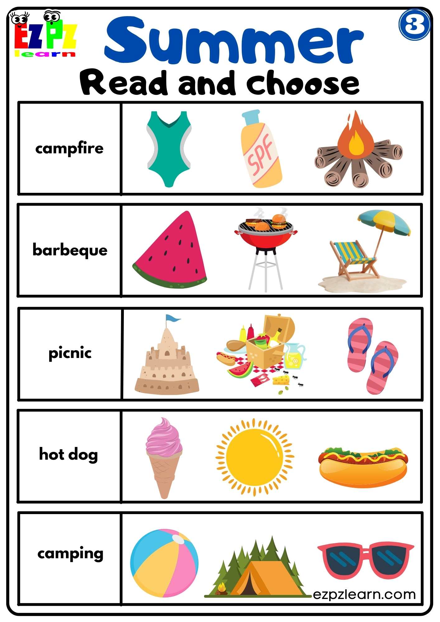 Summer and Beach Read and Choose activity for kids set 3 - Ezpzlearn.com