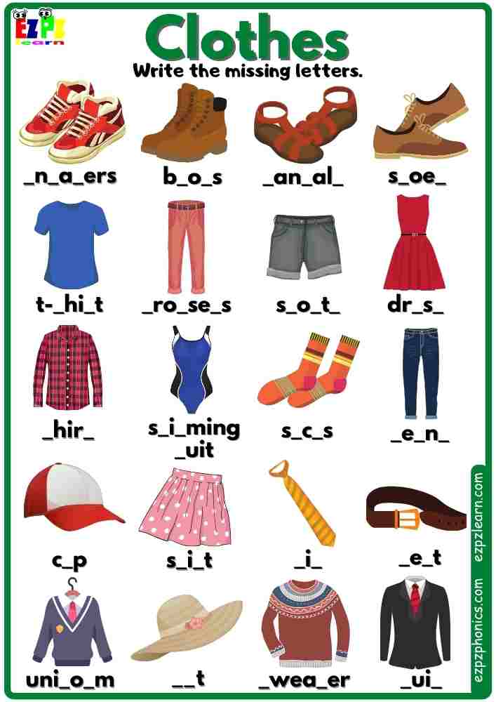 Clothes Vocabulary Write the Missing Letters Worksheet - Ezpzlearn.com