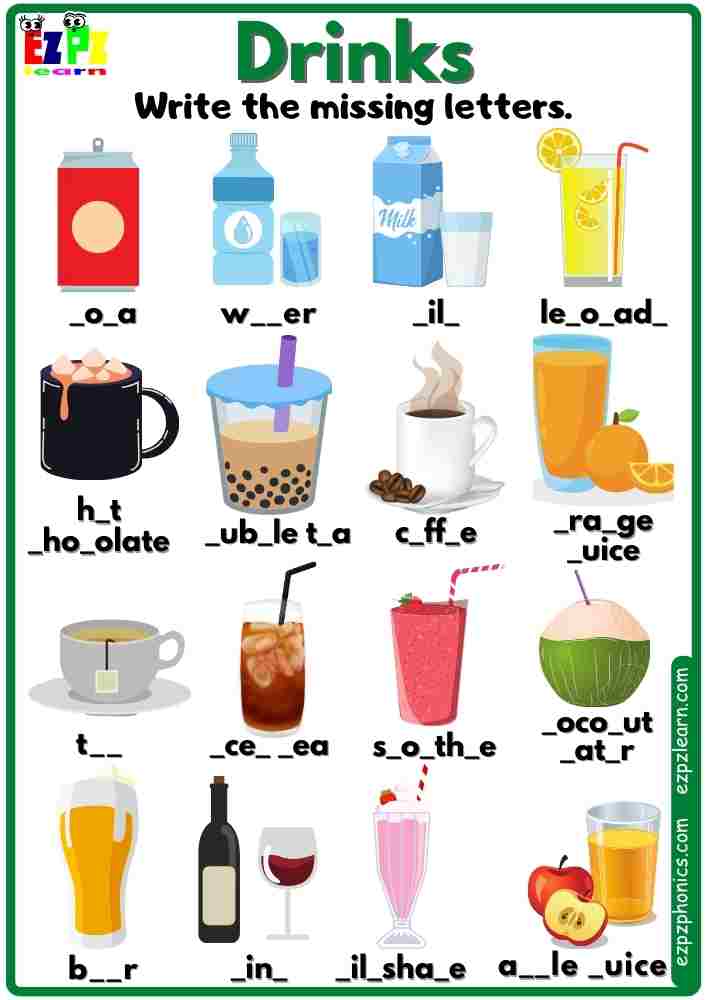Drinks and Food Vocabulary Write the Missing Letters Worksheet ...