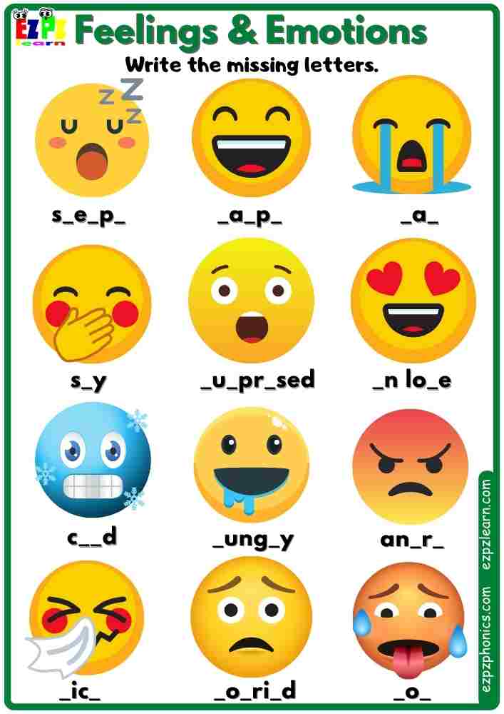 Feelings and Emotions Vocabulary Write the Missing Letters Worksheet ...