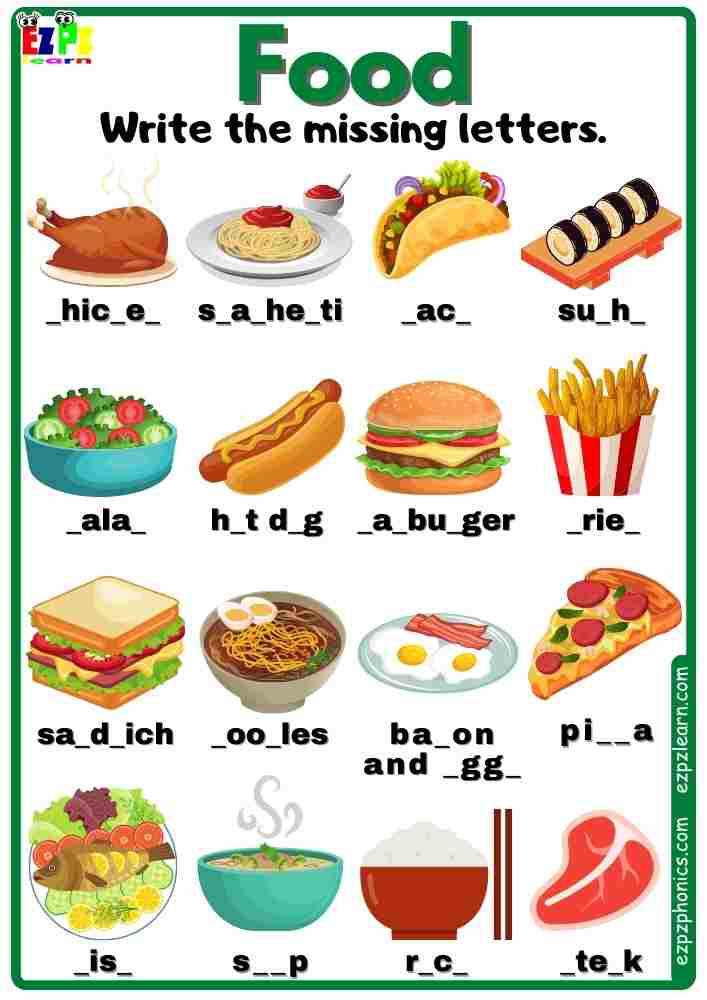 Food Vocabulary Write the Missing Letters Worksheet - Ezpzlearn.com