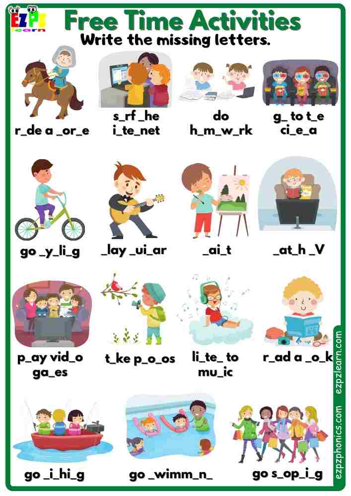 Free Time Activities Vocabulary Write the Missing Letters Worksheet ...