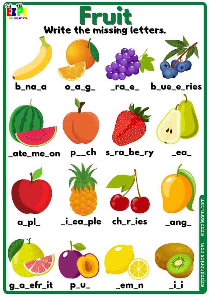 Fruit Food Vocabulary Write the Missing Letters Worksheet - Ezpzlearn.com