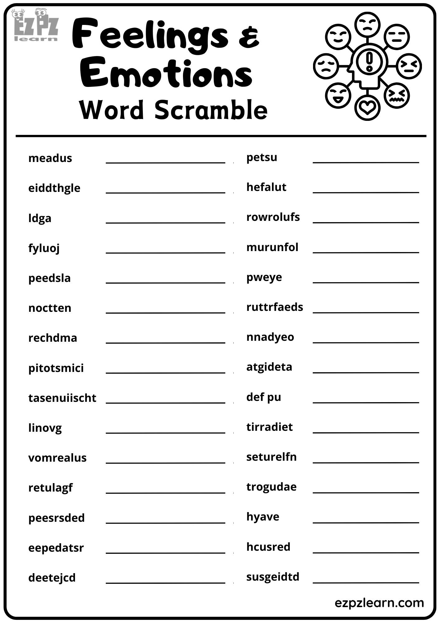Emotions and Feelings Word Scramble 30 Vocabulary Words Free Download ...