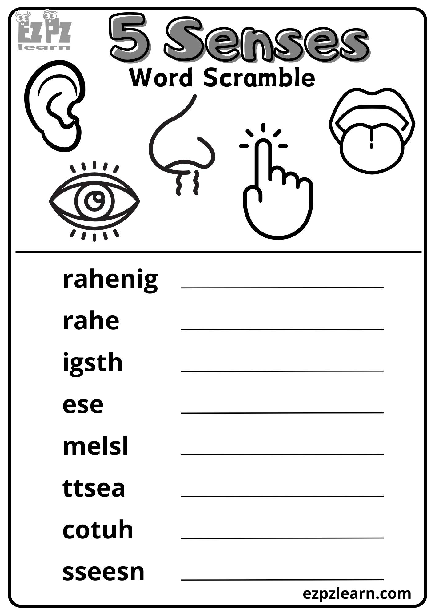 Five Senses Word Scramble Activity for Kids Free Downloadable PDF ...