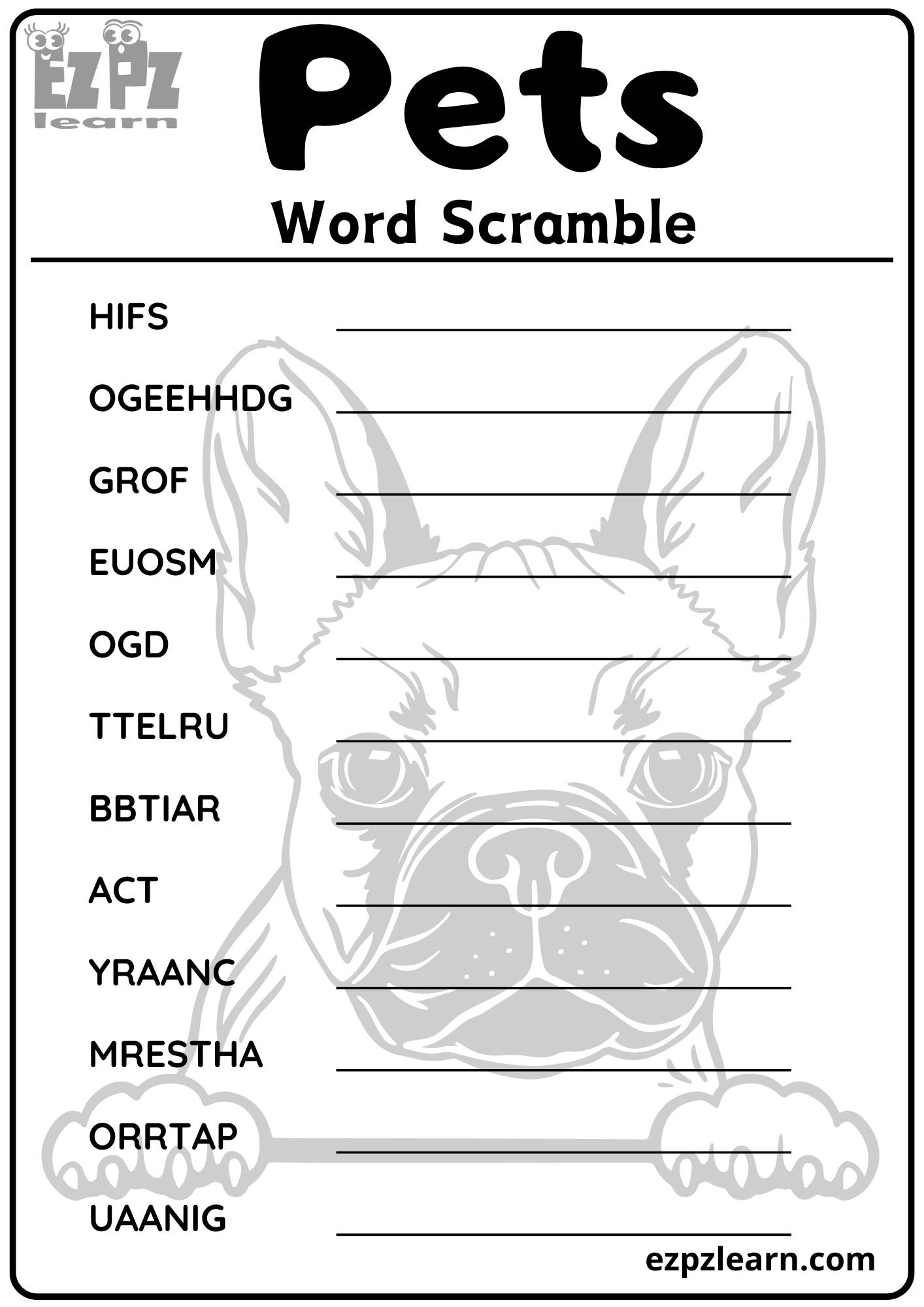Pets Word Scramble 12 Words Vocabulary Activity for Kids Free Printable ...