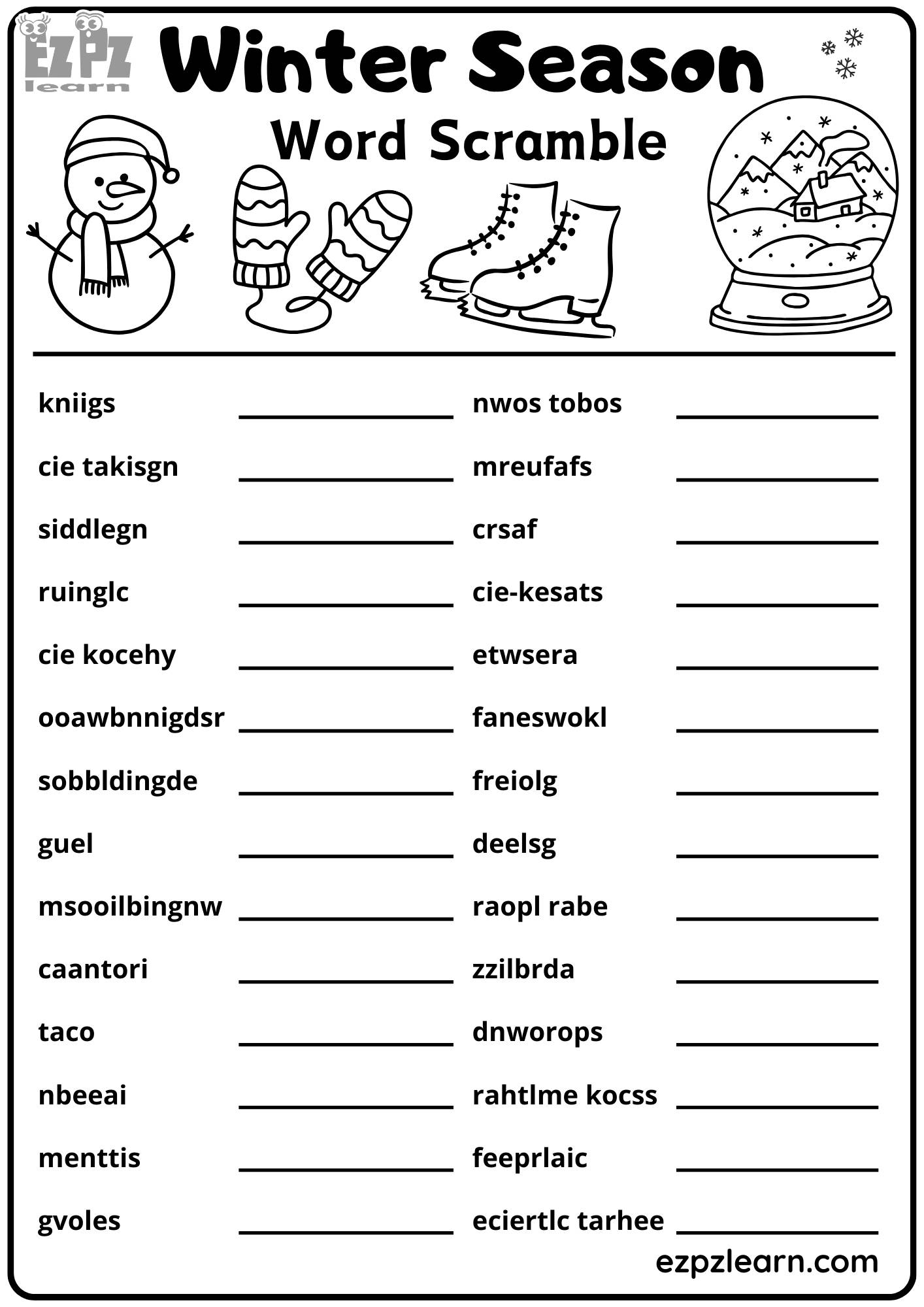 Winter Season Word Scramble 28 Words Vocabulary Activity for Kids ...