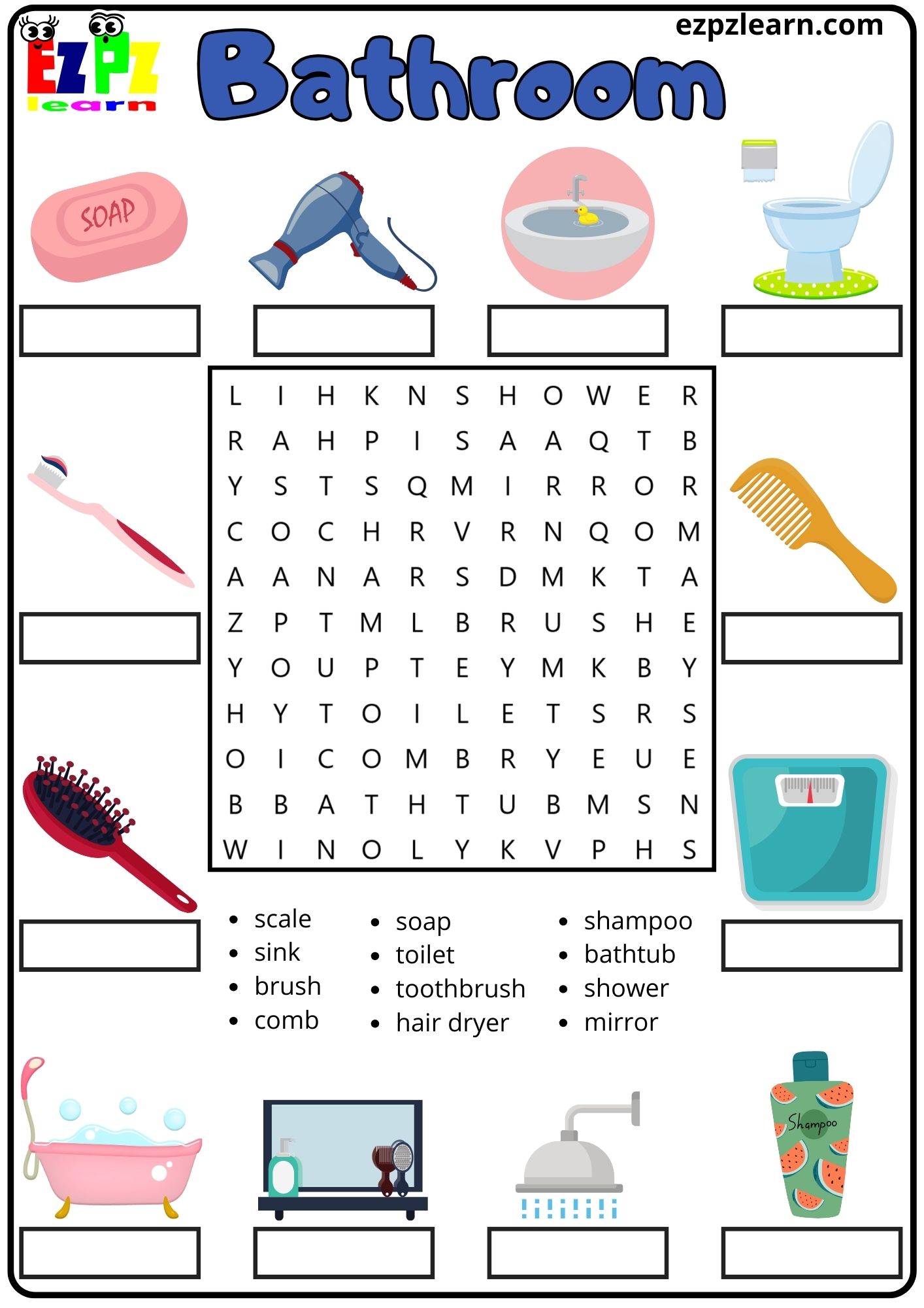 Bathroom Vocabulary Word Search and Word Match Download PDF - Ezpzlearn.com
