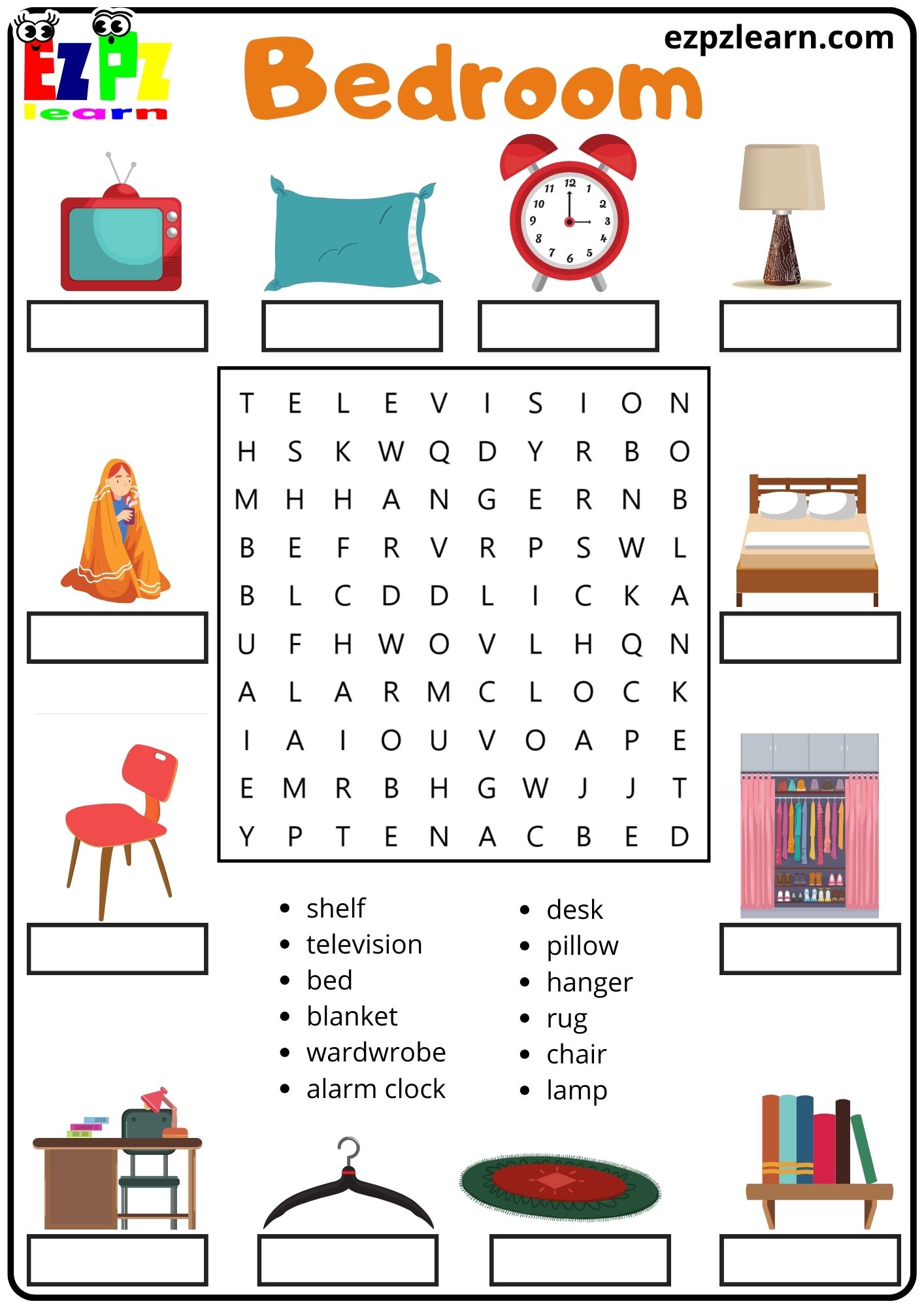 Bedroom Vocabulary Word Search and Word Match Kids Activity - Ezpzlearn.com