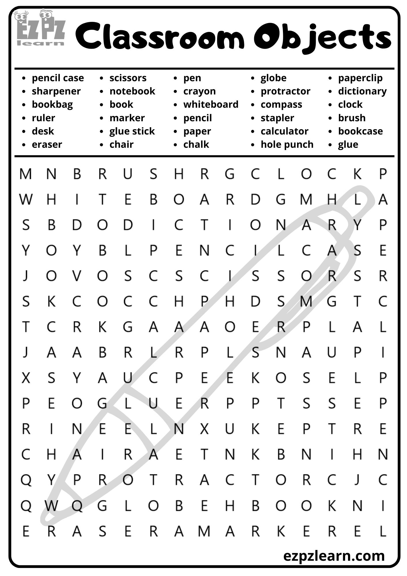 Classroom Objects Vocabulary Word Search for Kids and ESL Learners 30 ...