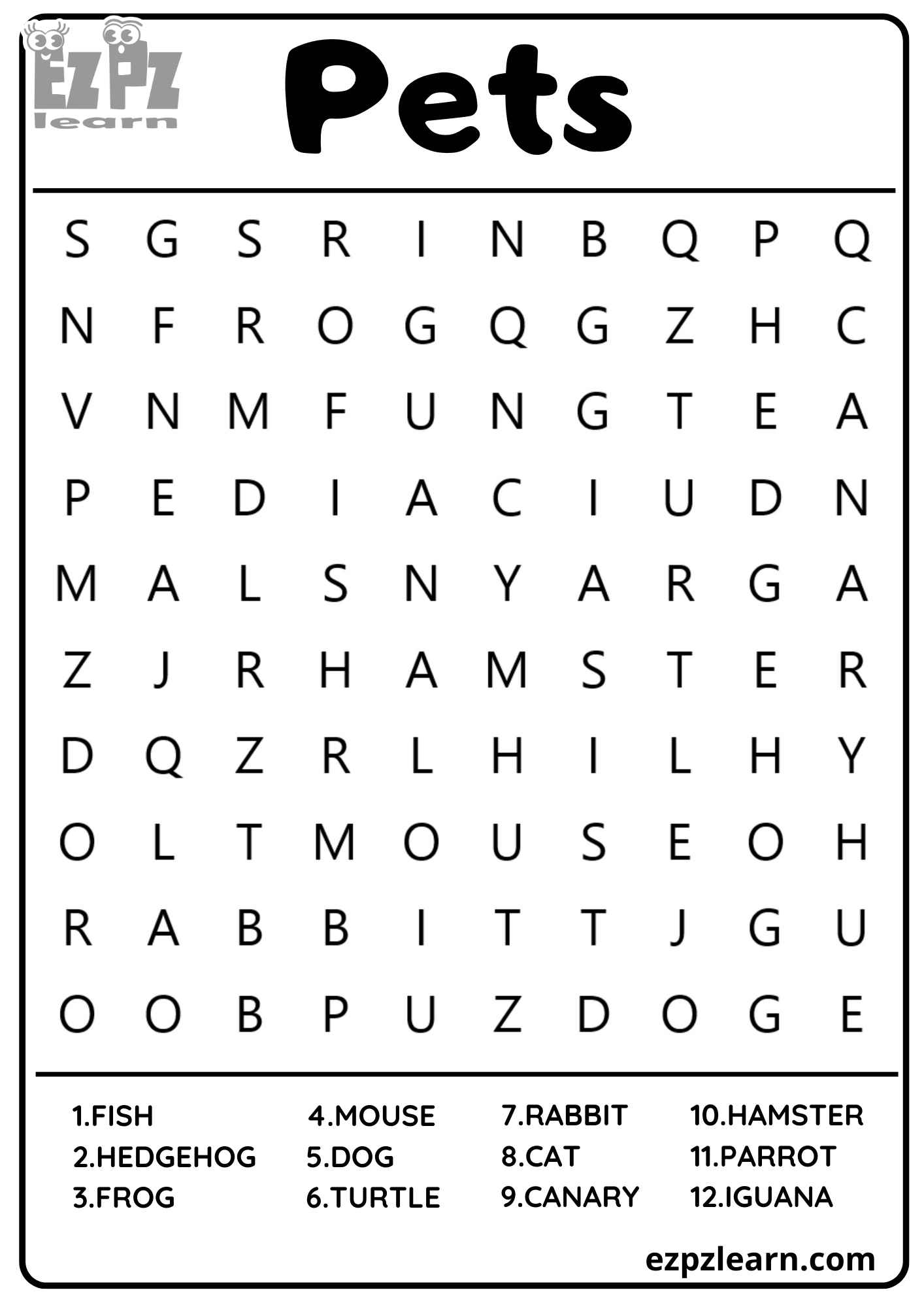 Pets Vocabulary Word Search for Kids and English Language Learners Free ...