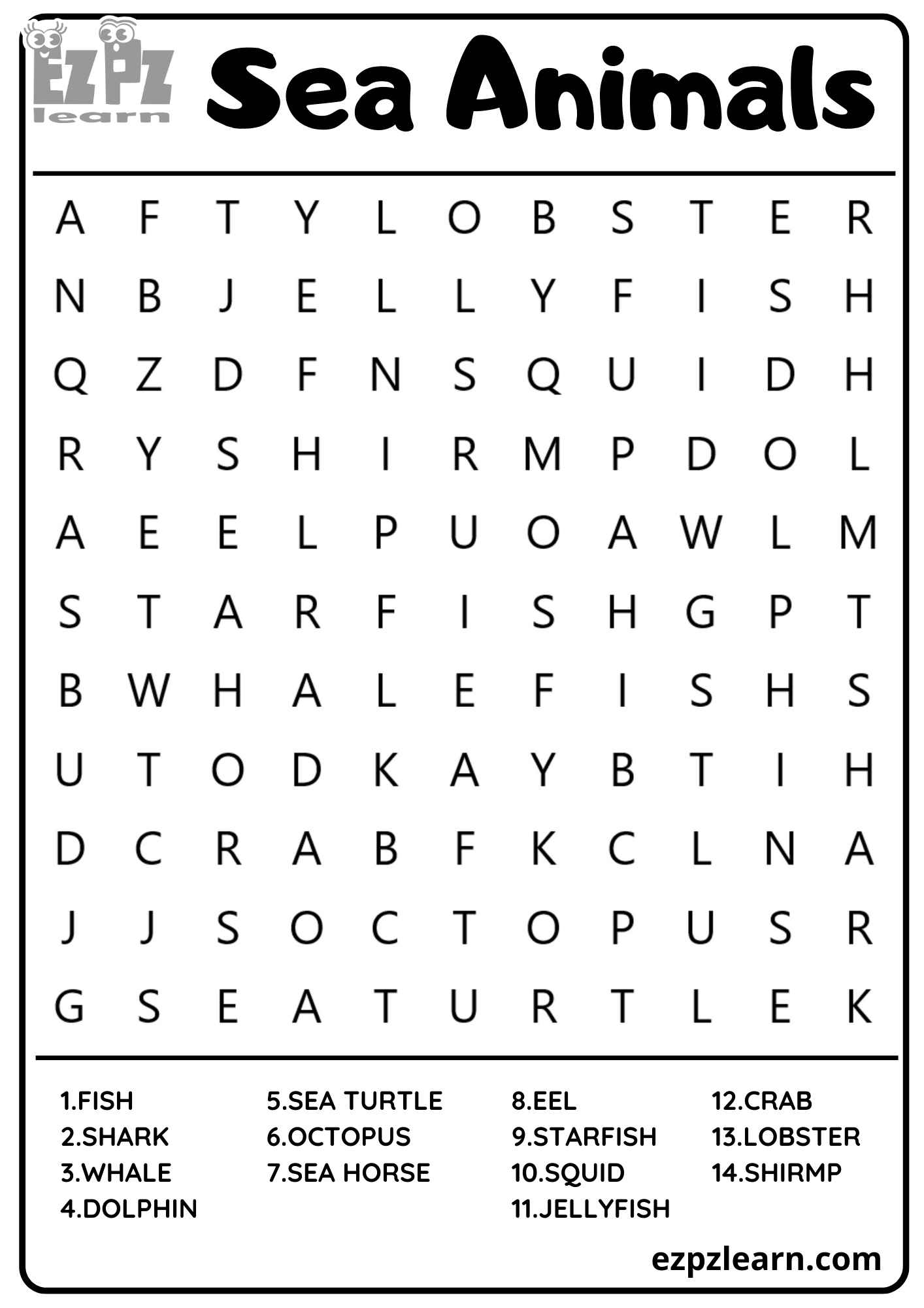 Sea Animals Vocabulary Word Search for Kids and English Language ...