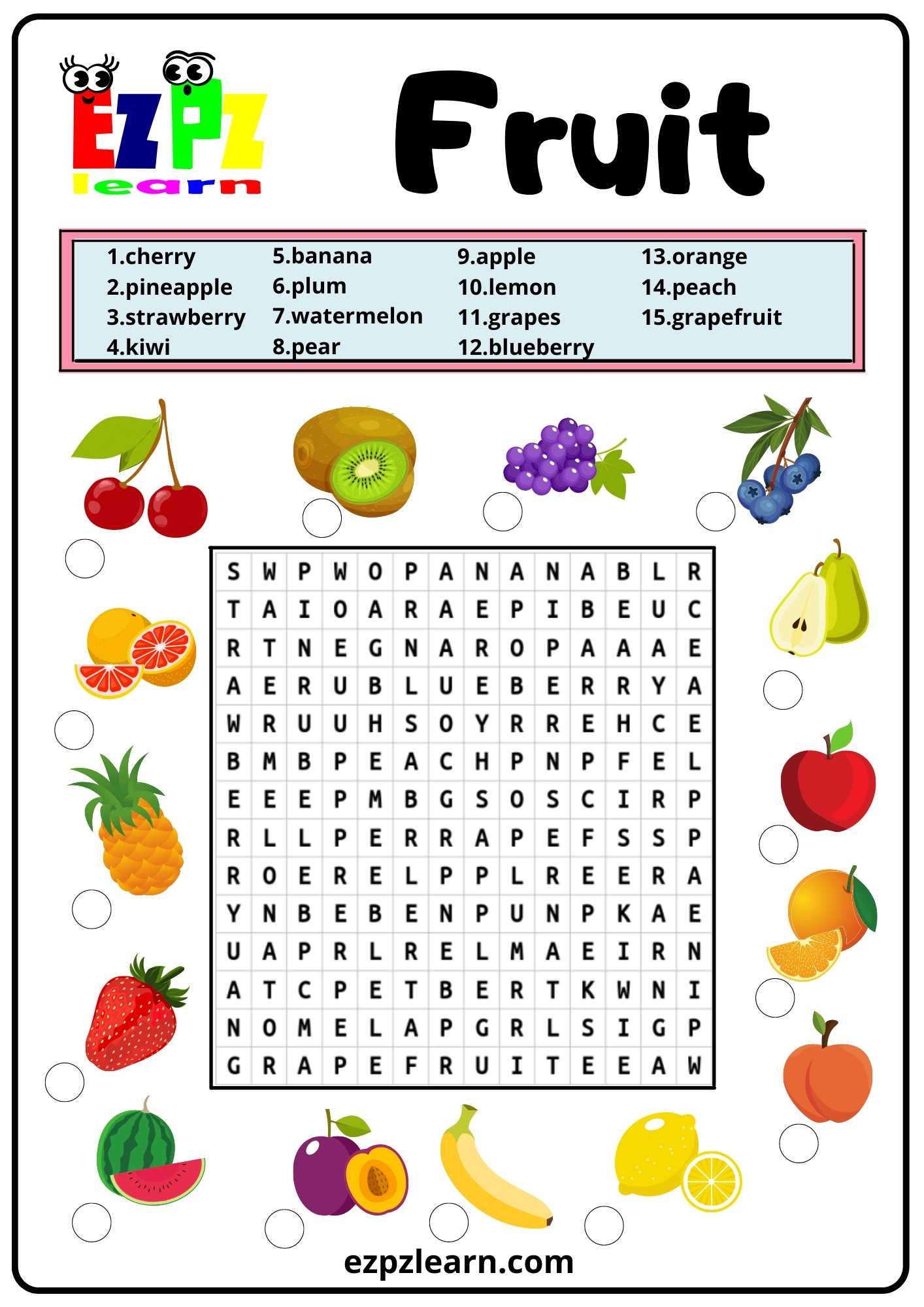 Fruit Word Search 2 - Ezpzlearn.com