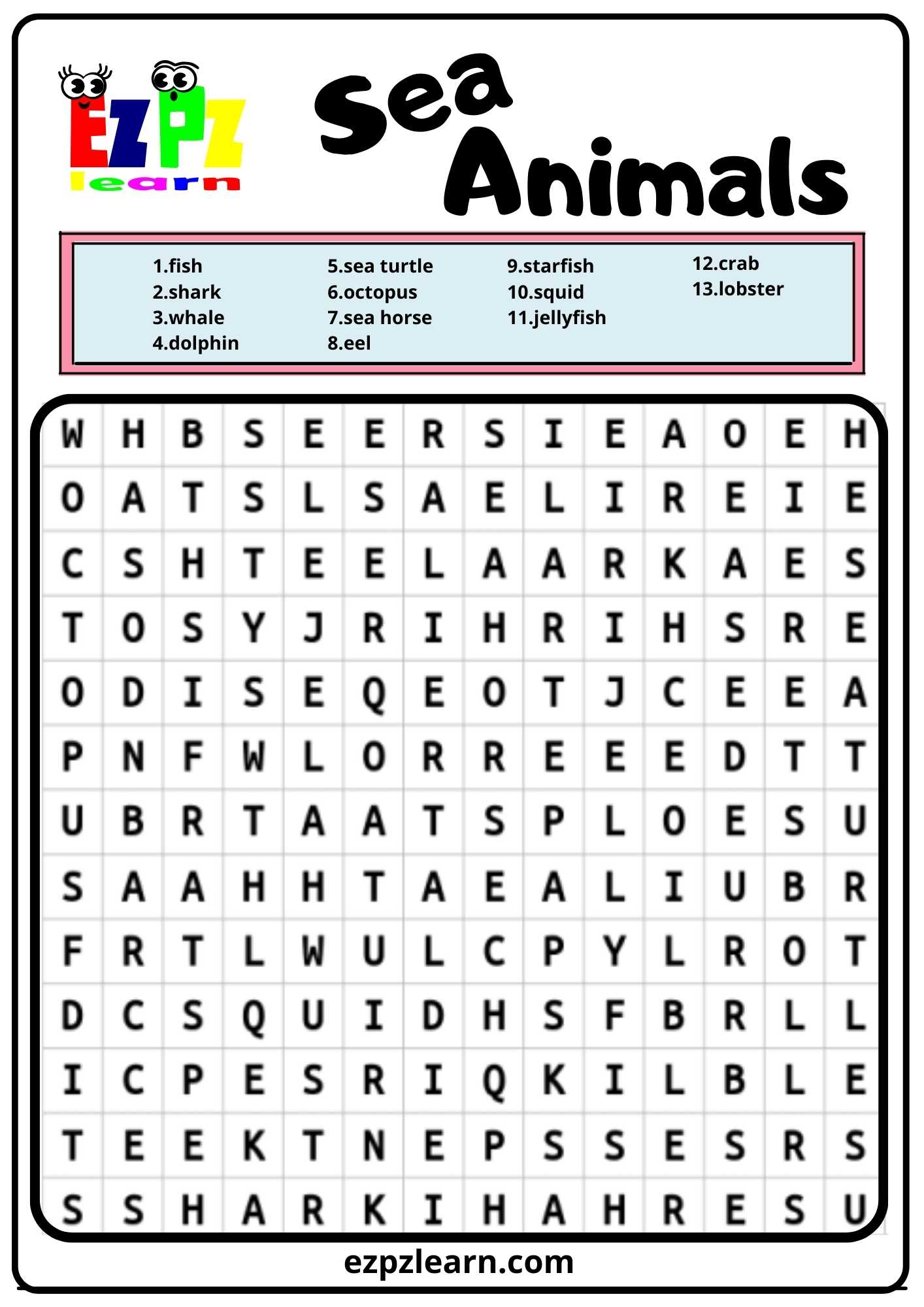 Sea Animals Word Search - Ezpzlearn.com